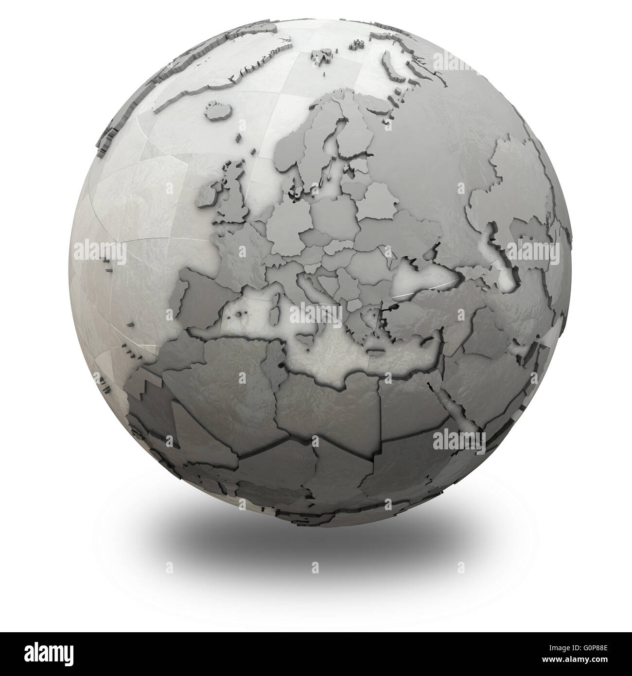 Europe on 3D model of metallic planet Earth made of steel plates with ...