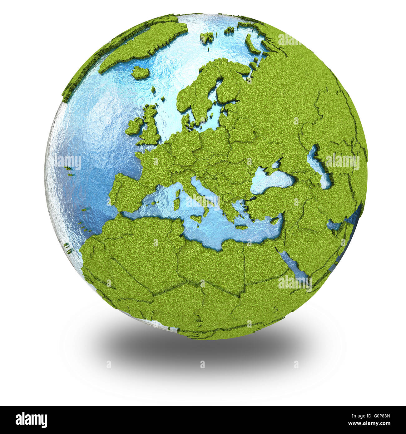 Europe on 3D model of planet Earth with grassy continents with embossed ...