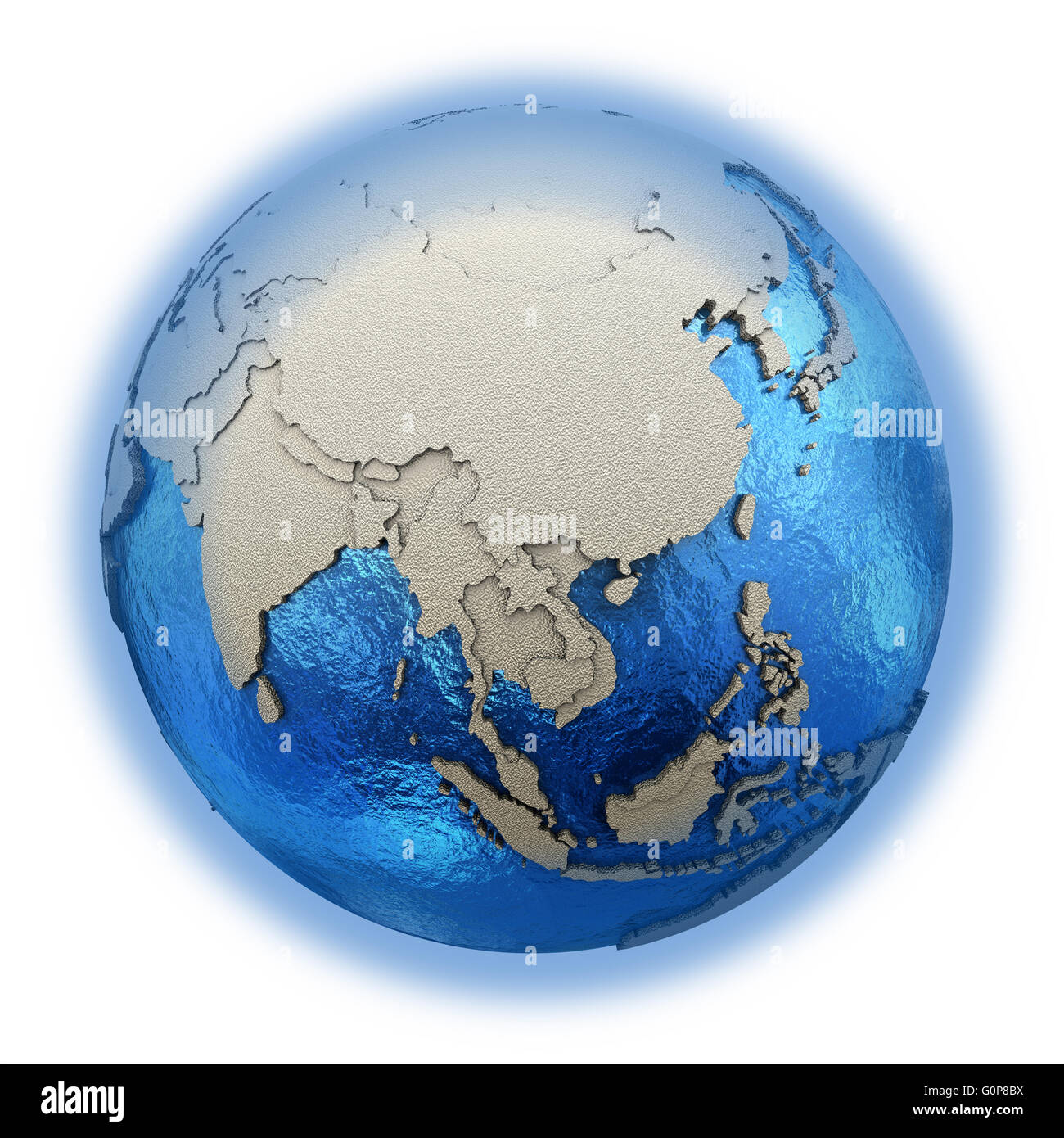 Southeast Asia on 3D model of blue Earth with embossed countries and ...