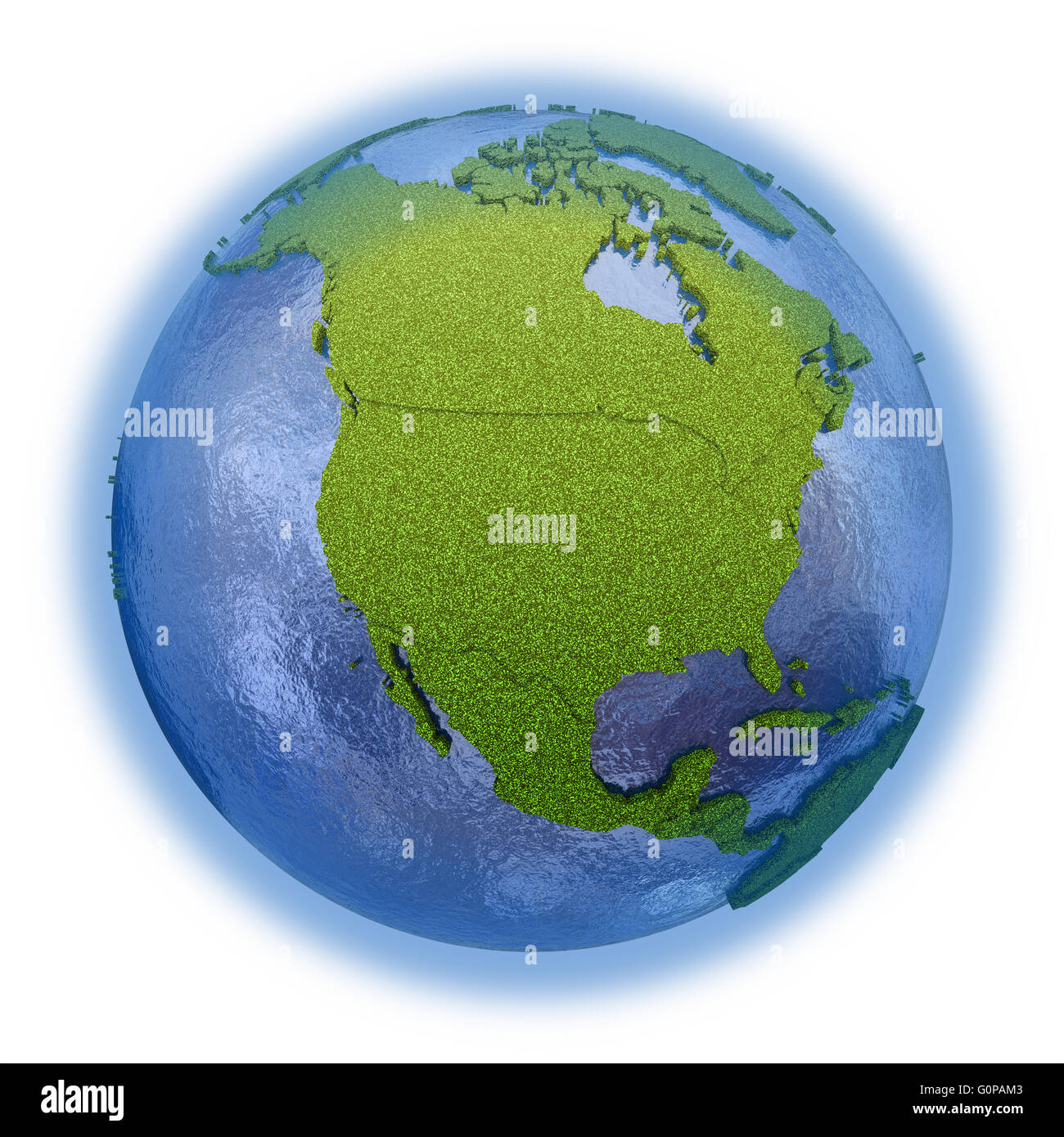 North America on 3D model of planet Earth with grassy continents with ...