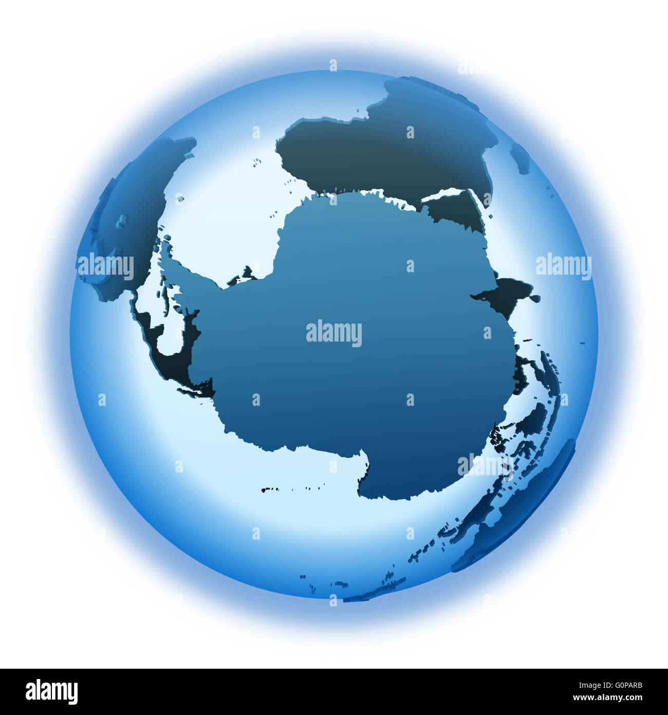 Antarctica on translucent model of planet Earth with visible continents ...