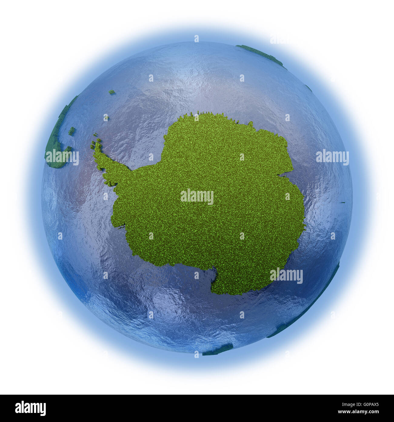 Antarctica on 3D model of planet Earth with grassy continents with ...