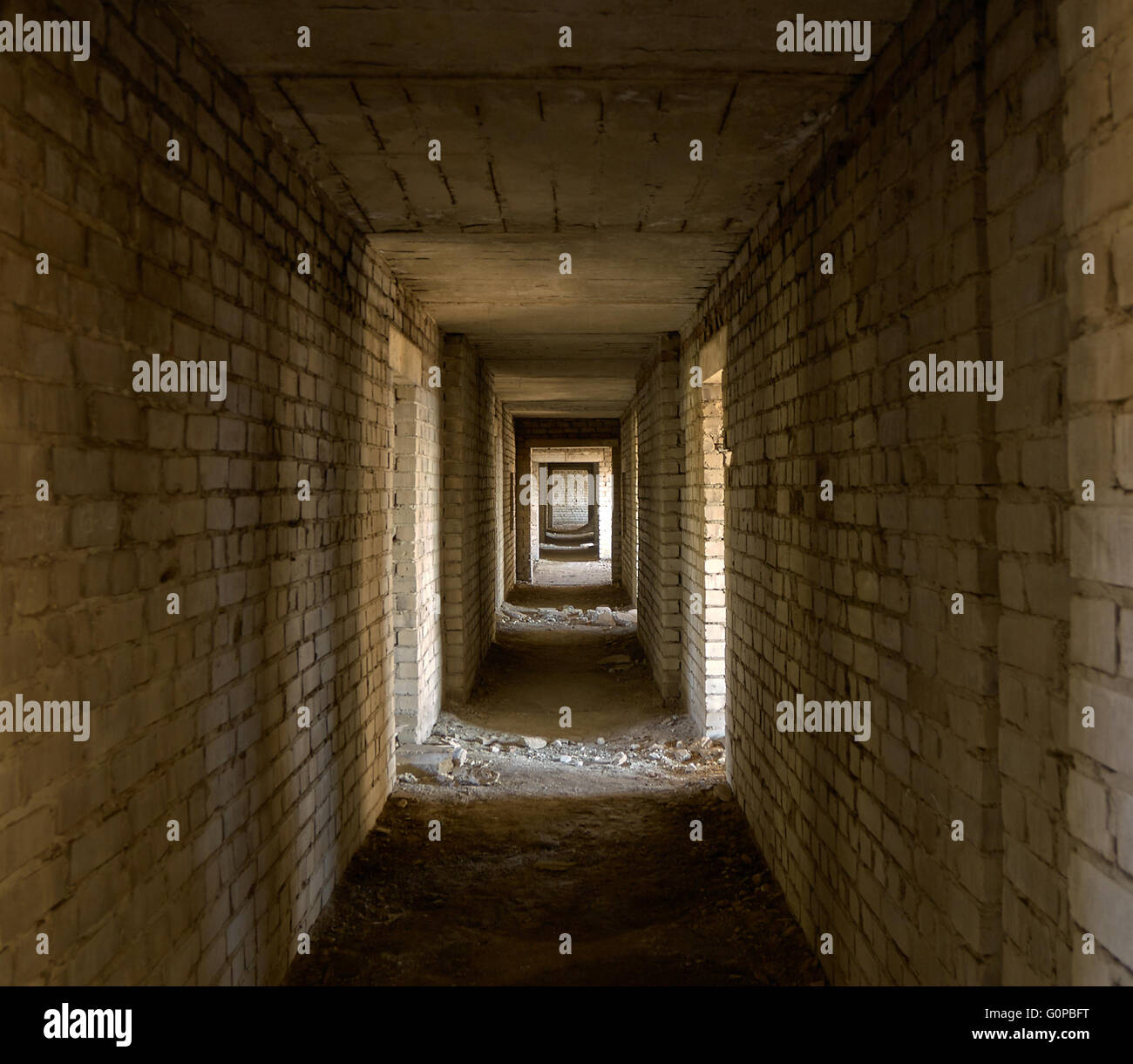 Dilapidated corridor in unfinished construction site building Stock ...