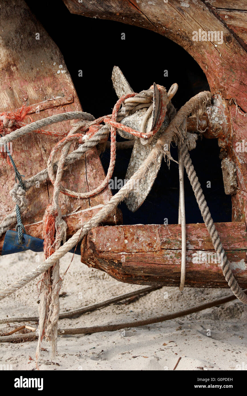 Old boat propeller tied ropes. Closeup shot Stock Photo - Alamy