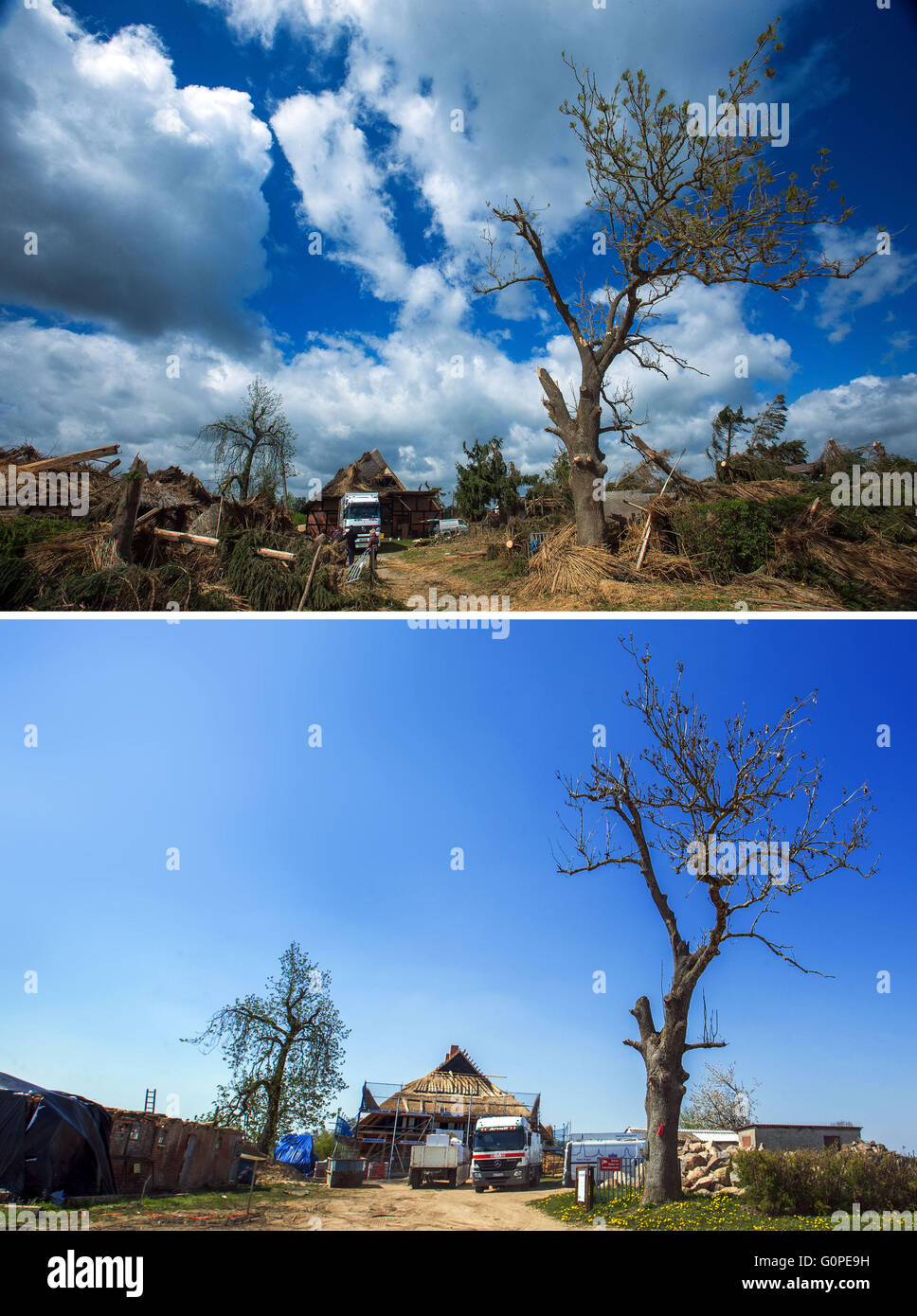 The picture combination depicts the completely destroyed thatched roof ...