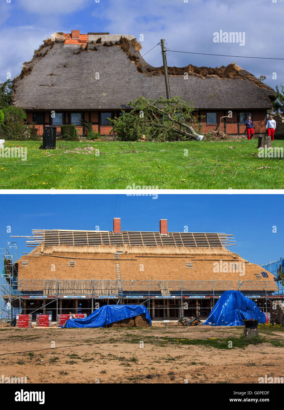 The picture combination depicts the completely destroyed thatched roof ...