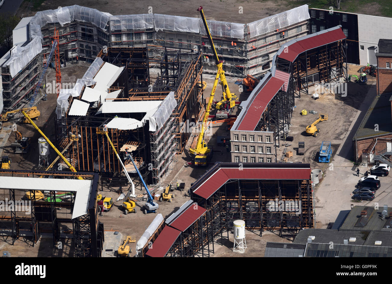 The construction of a new film setting of a Berlin street in Potsdam ...