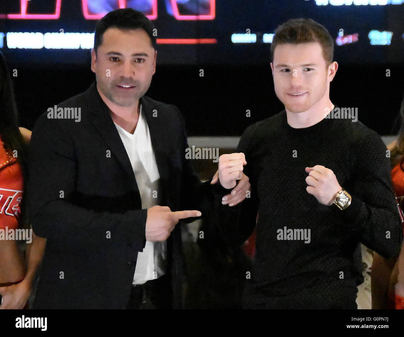 Las Vegas NV, USA. 3rd May, 2016. (R} Mexico's Canelo Alvarez with ...
