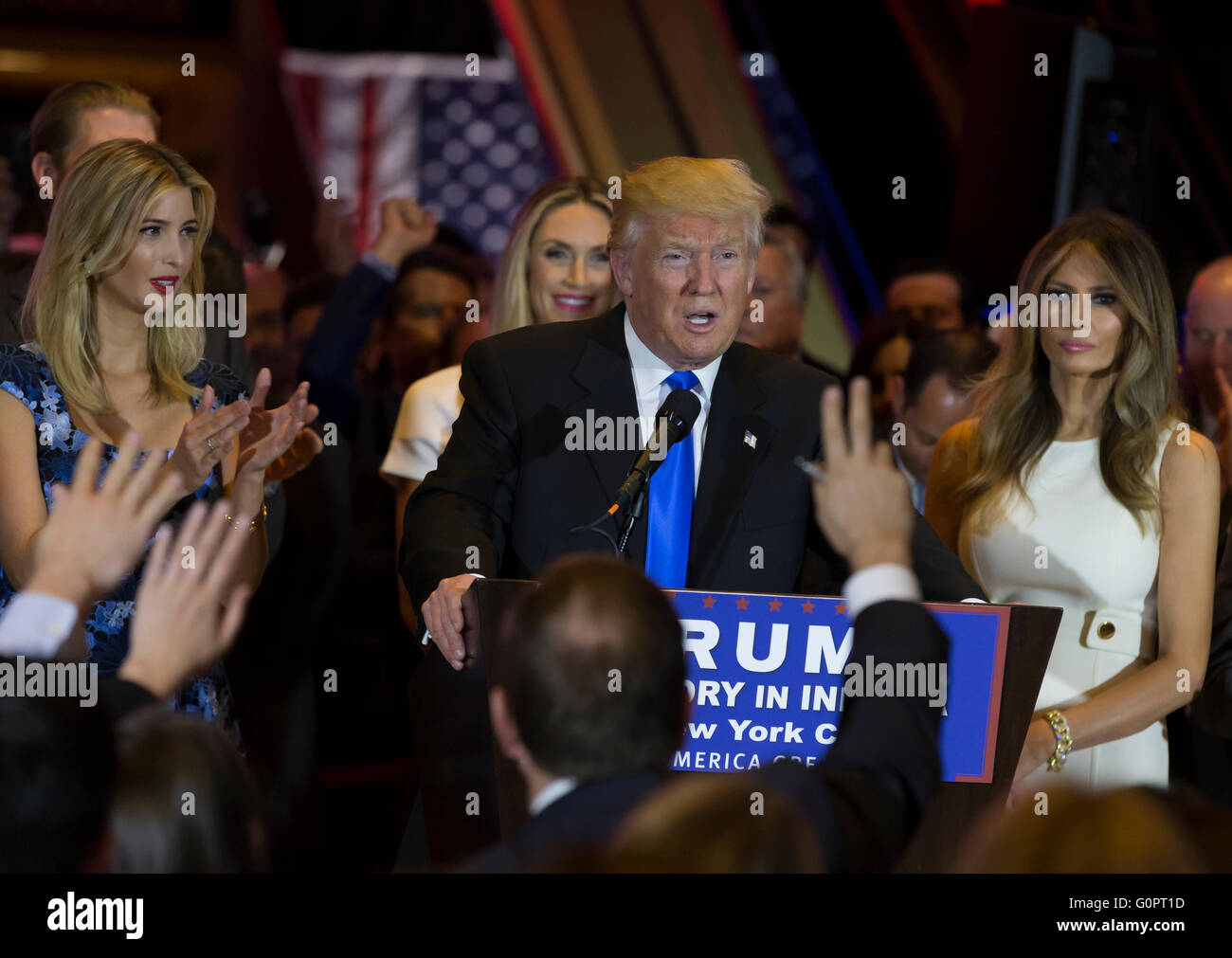 New York, USA. 3rd May, 2016. Donald Trump delivers victory speech ...