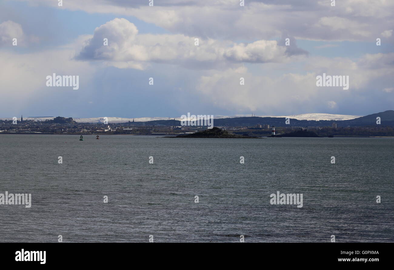 Distant view of Edinburgh waterfront across Firth of Forth Scotland ...