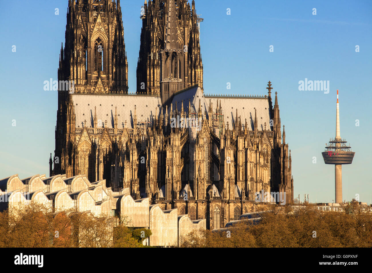 Europe, Germany, Cologne, view across the river Rhine to the gothic ...