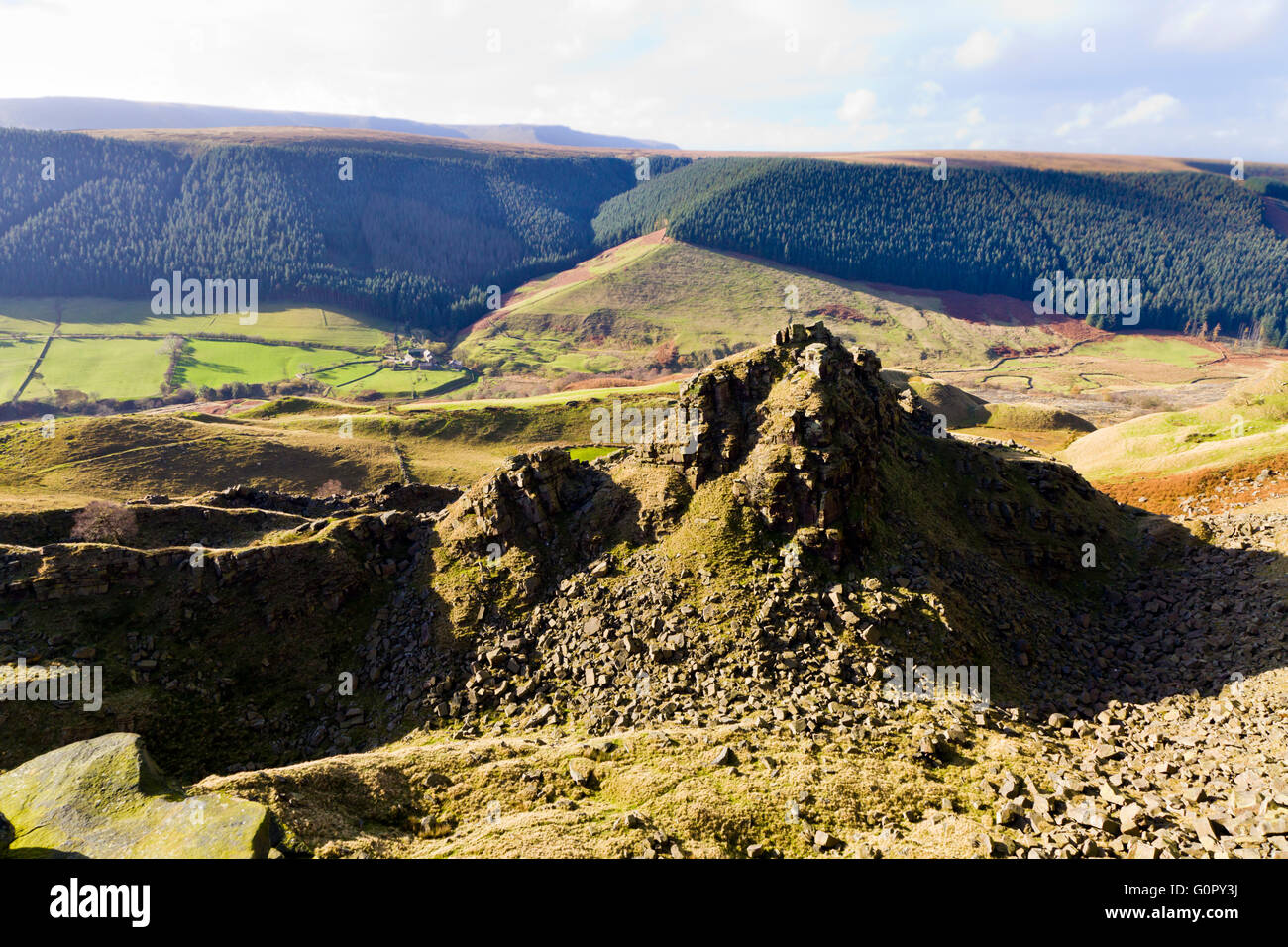 A distinctive outcrop of rock on the moors near the Upper Derwent ...