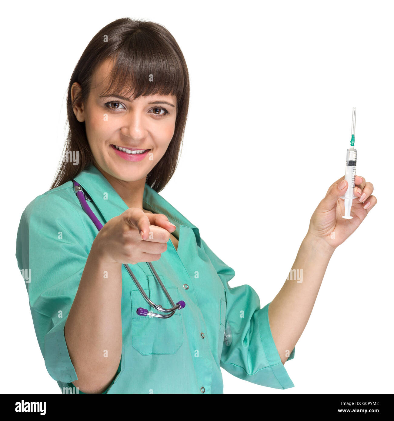 Doctor or nurse in lab coat holding syringe. Isolated over white Stock ...