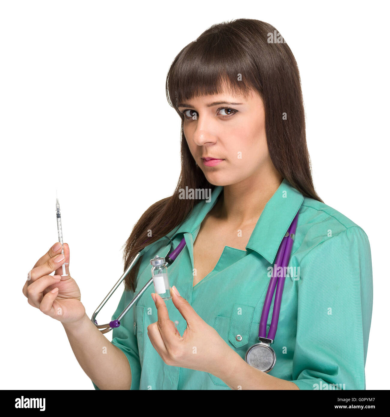 Doctor or nurse in lab coat holding syringe. Isolated over white Stock ...