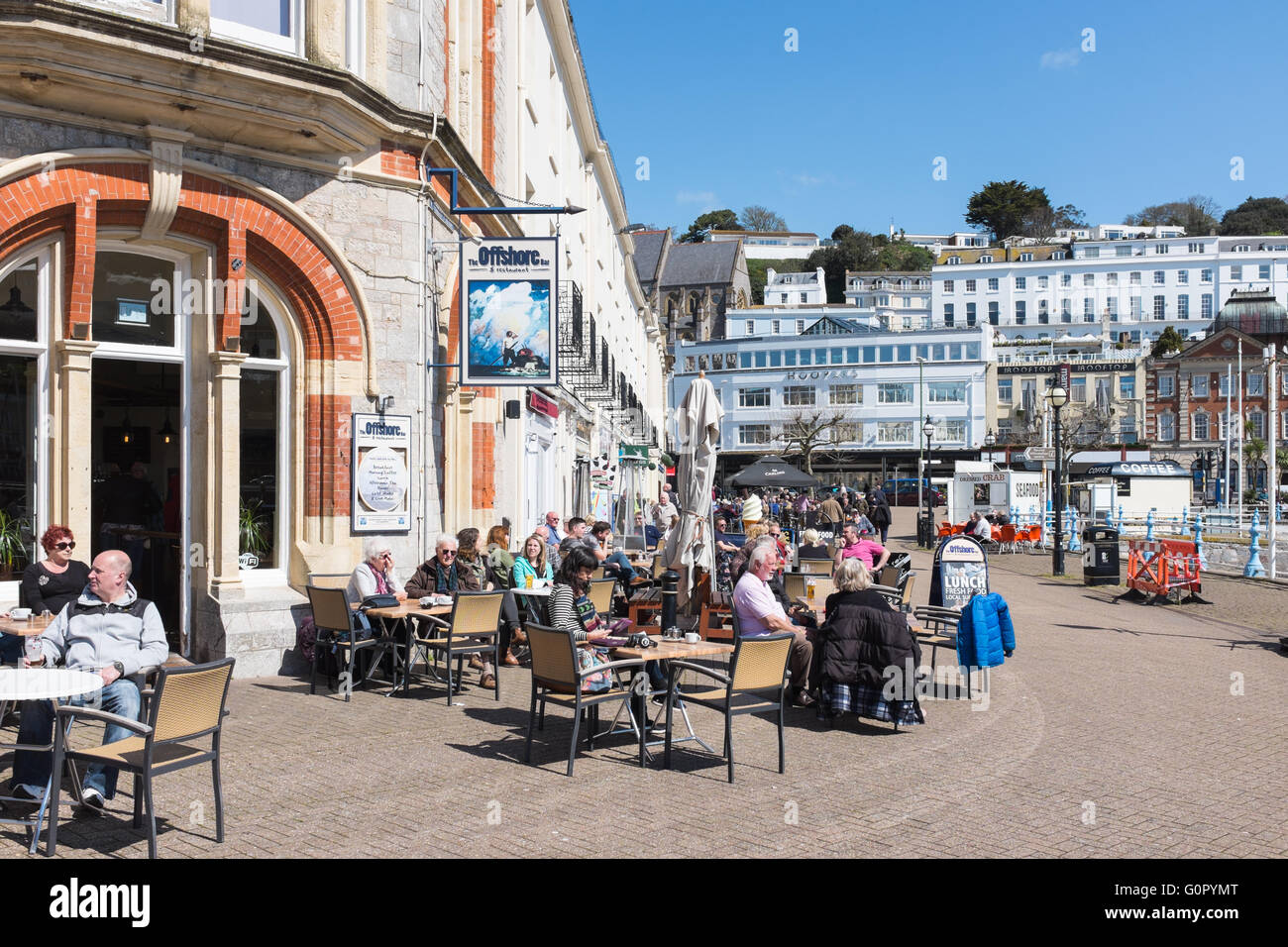 Bars and cafes in Vaughan Parade by Torquay Harbour in Devon Stock ...
