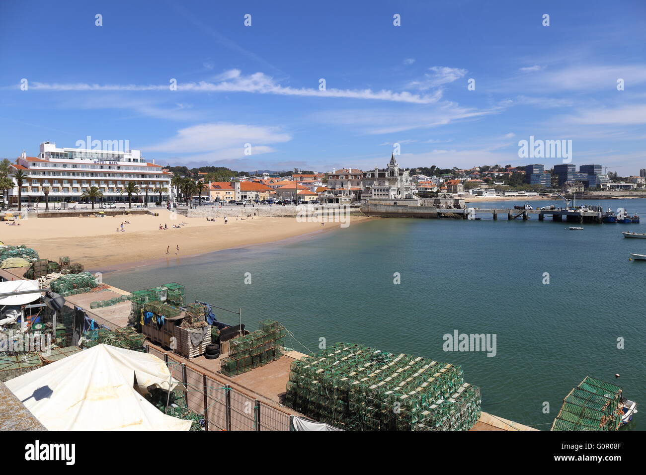 Cascais. Beach and harbour on the Estoril coast of Portugal near Lisbon ...