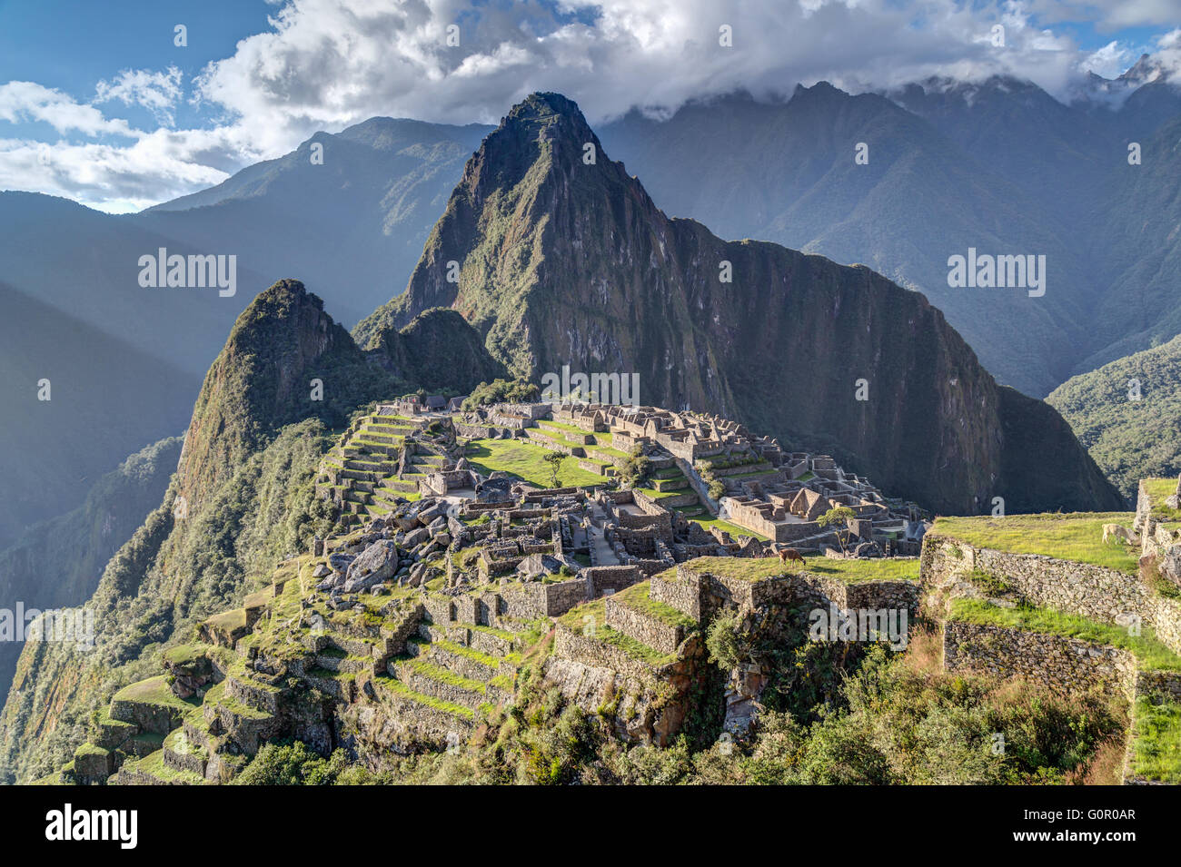 Panorama view of Machu Picchu sacred lost city of Incas in Peru Stock ...