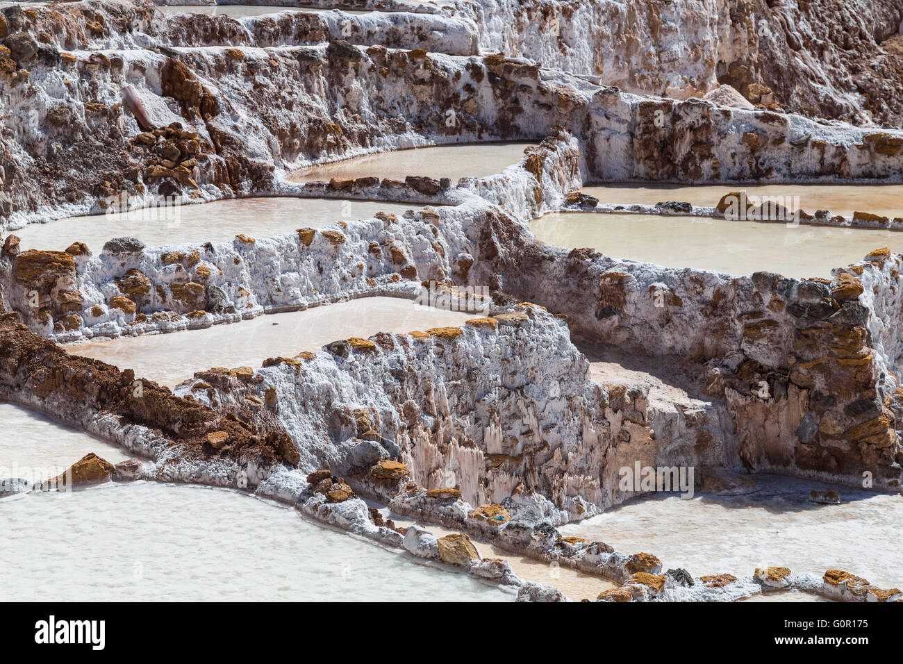 Salt evaporation ponds and mines built by Incas in Maras, Peru Stock ...