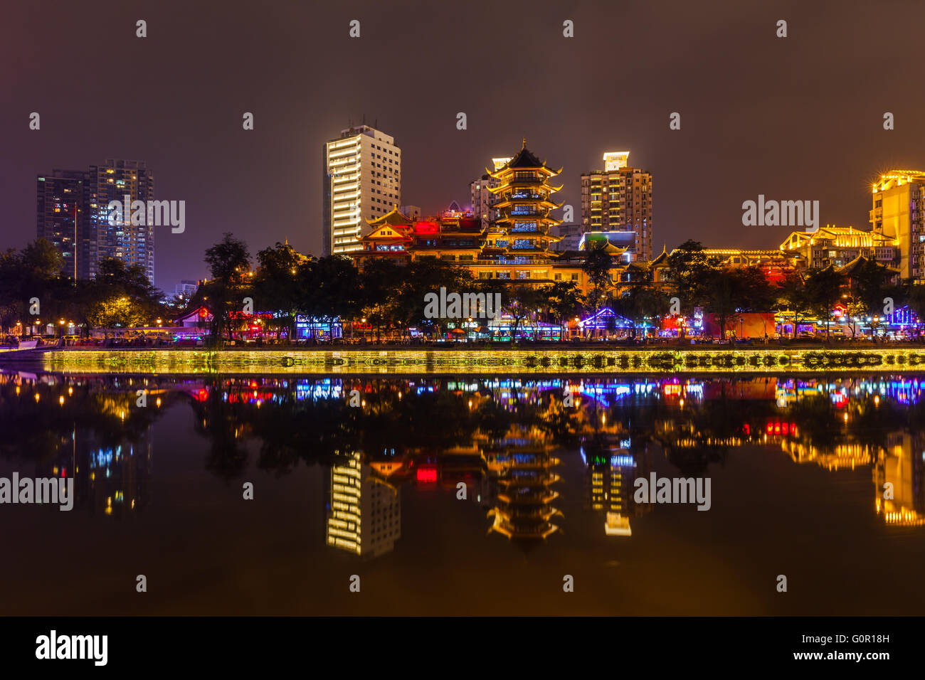 Night view of Chengdu cityscape on the Jin river side with beautiful ...