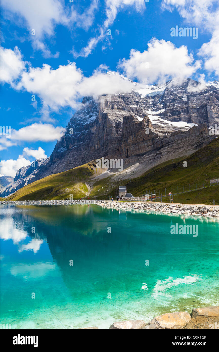 Stunning view of Eiger Northface and the glacier at the lake side of ...