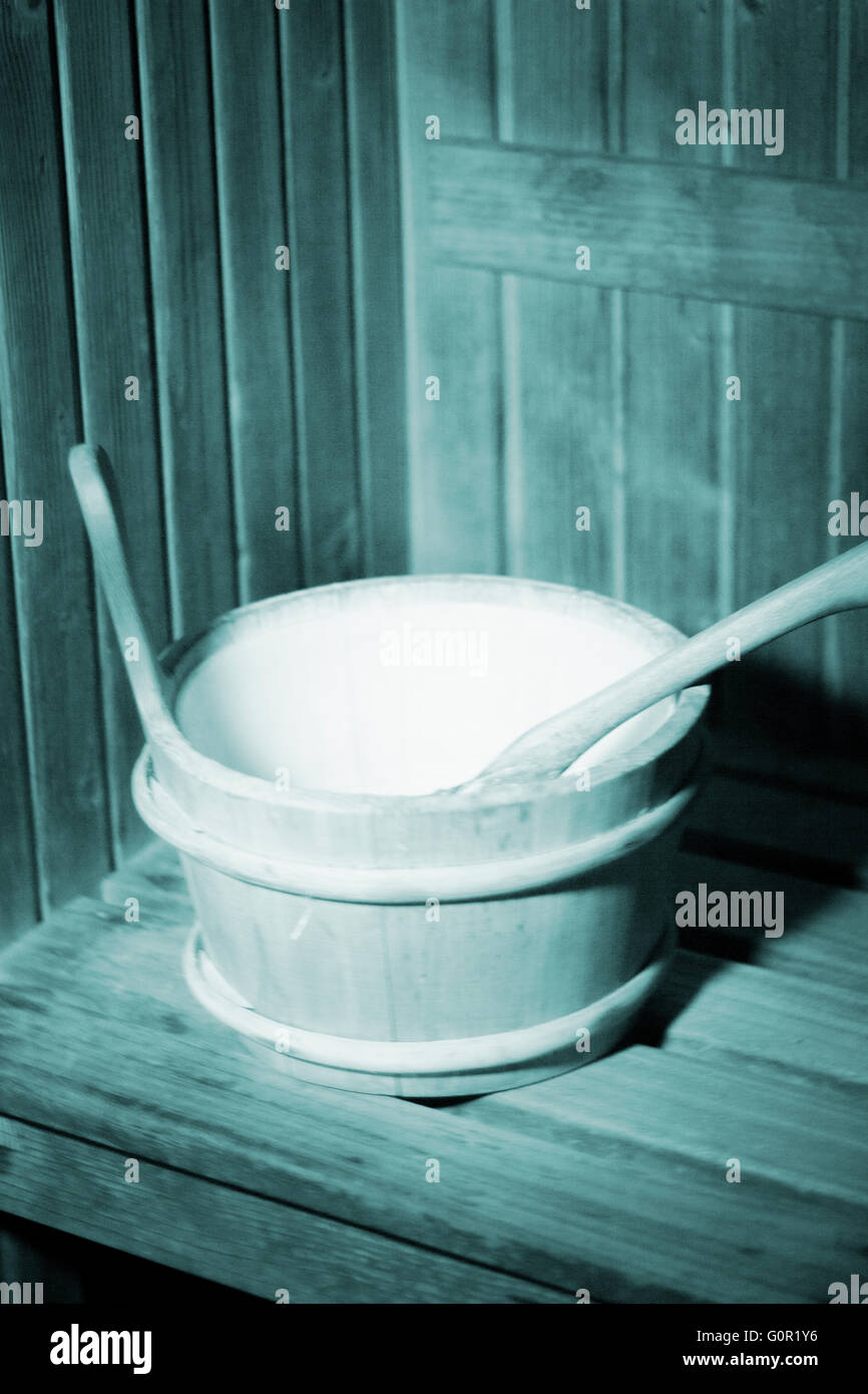 Wood sauna bucket and ladle spoon photo Stock Photo - Alamy