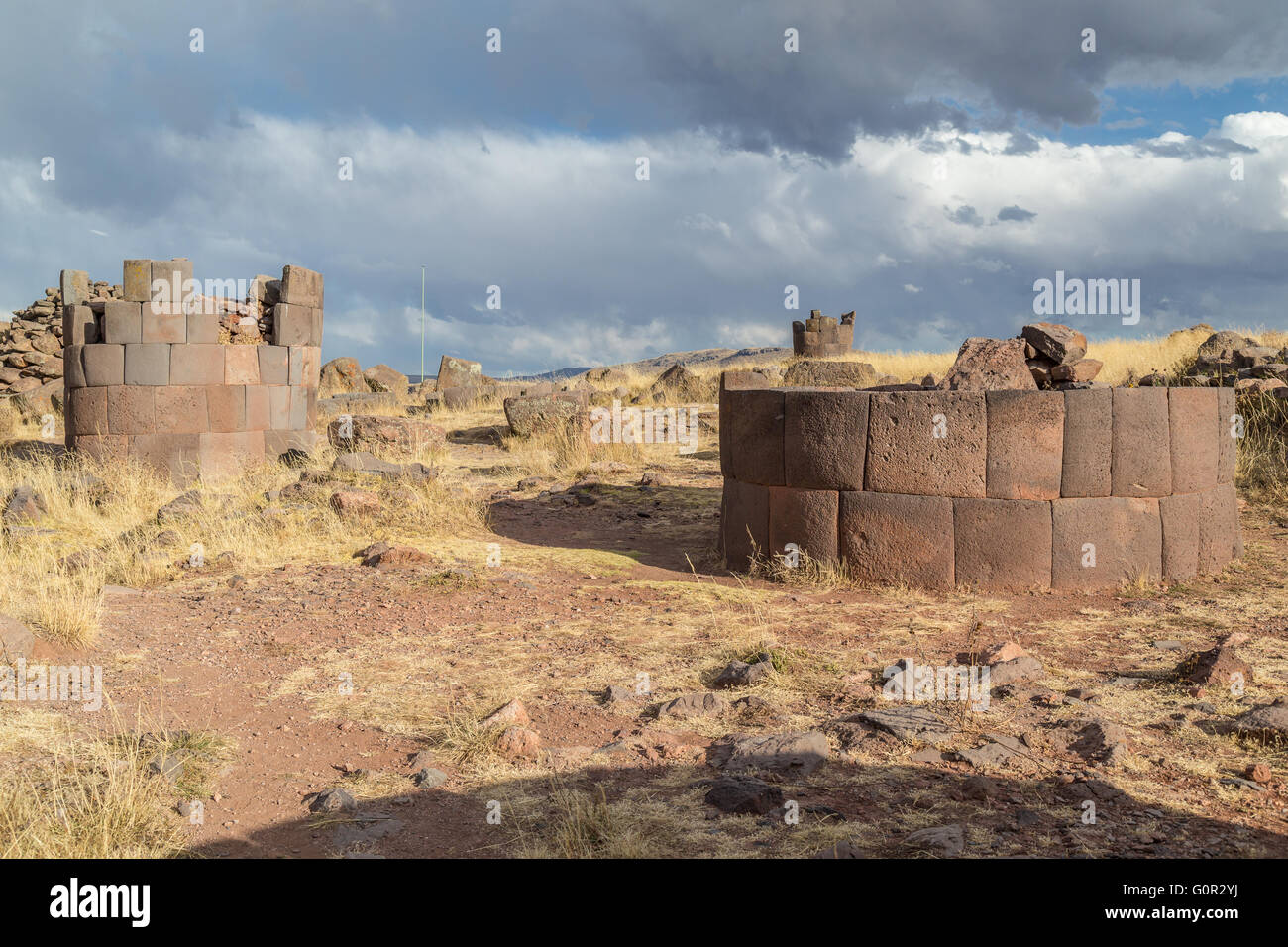 Sillustani burial ground with giant Chullpas cylindrical funerary ...