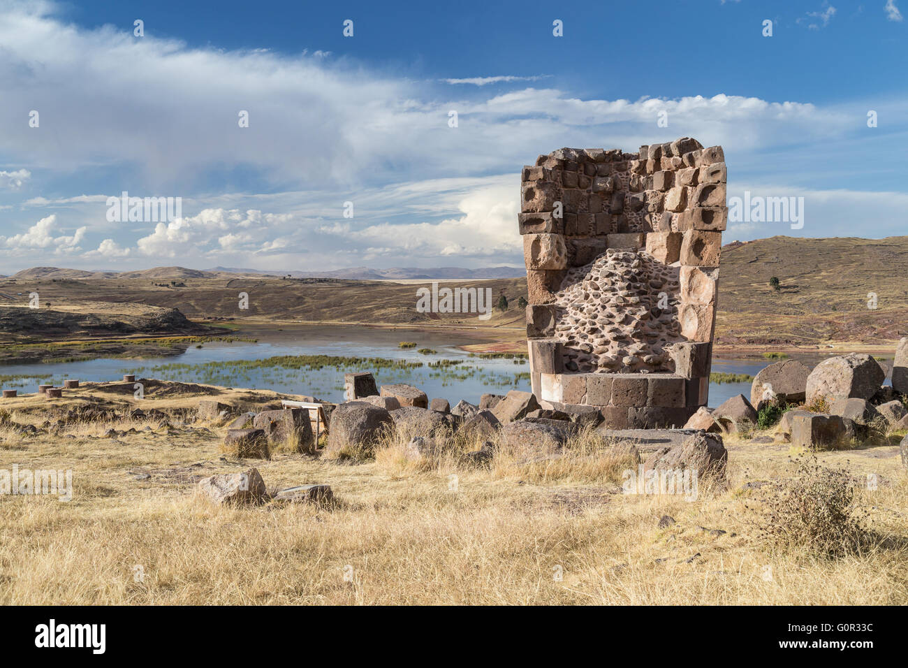 Sillustani burial ground with giant Chullpas cylindrical funerary ...
