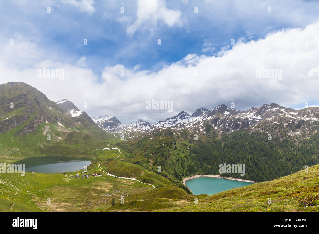 Panorama view of the lake of Ritom and Cadagno with the alps in ...