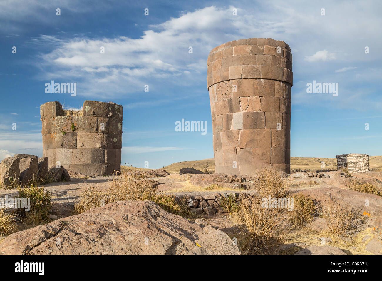 Sillustani burial ground with giant Chullpas cylindrical funerary ...
