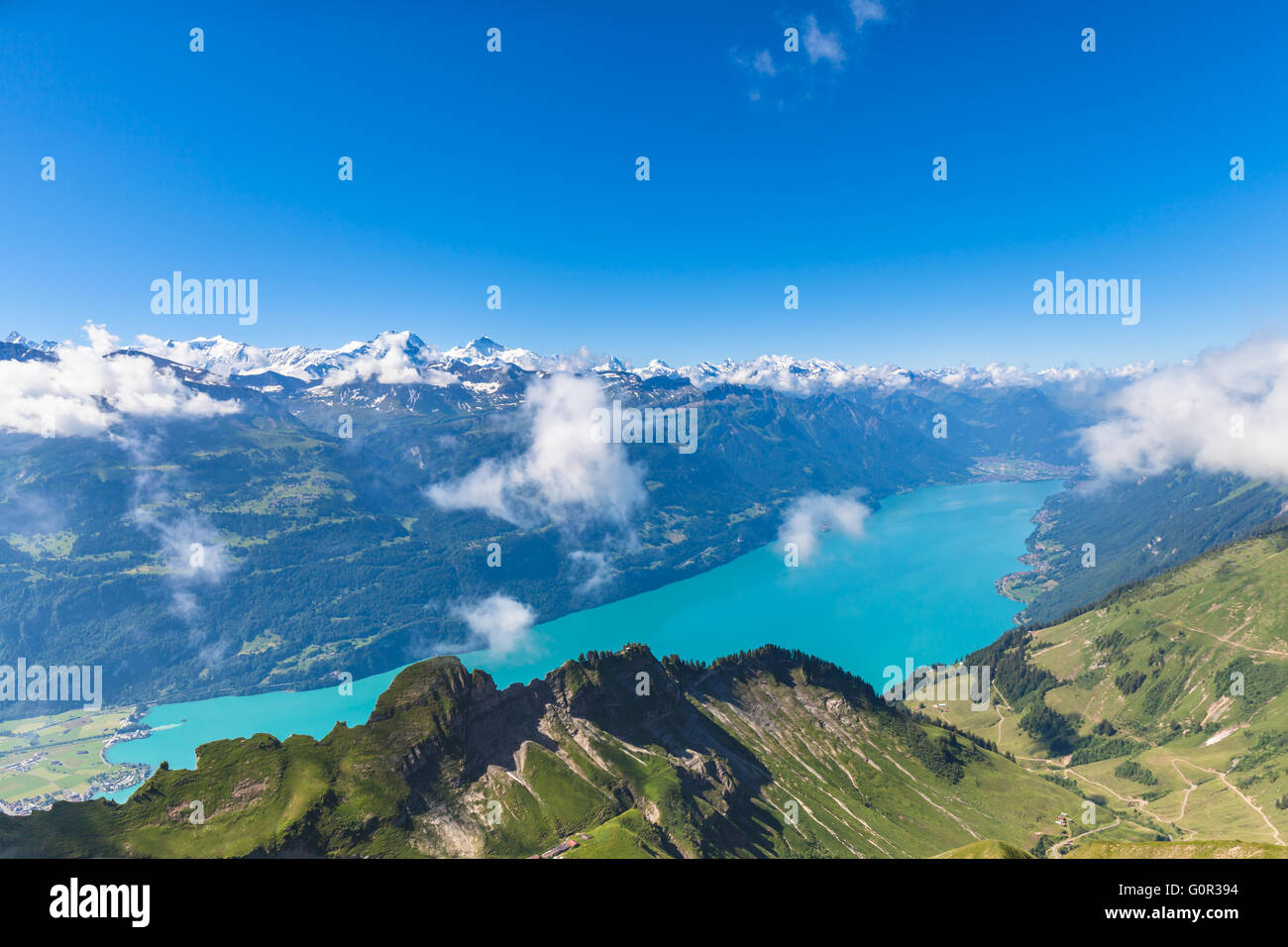 Aerial view of the Brienz lake and the alps from Brienzer Rothorn on ...