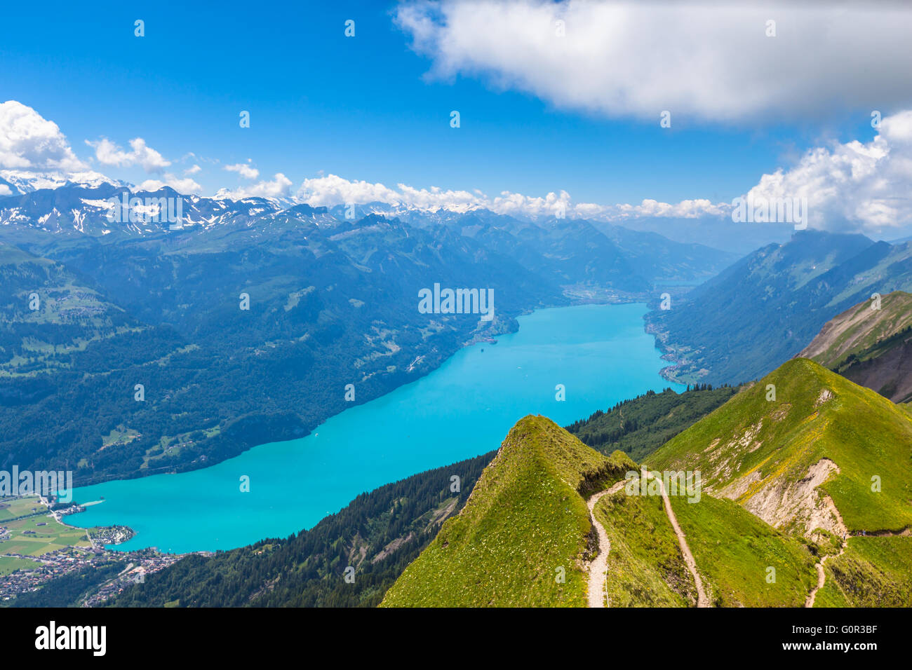 Aerial view of the Brienz lake and the alps from Brienzer Rothorn on ...