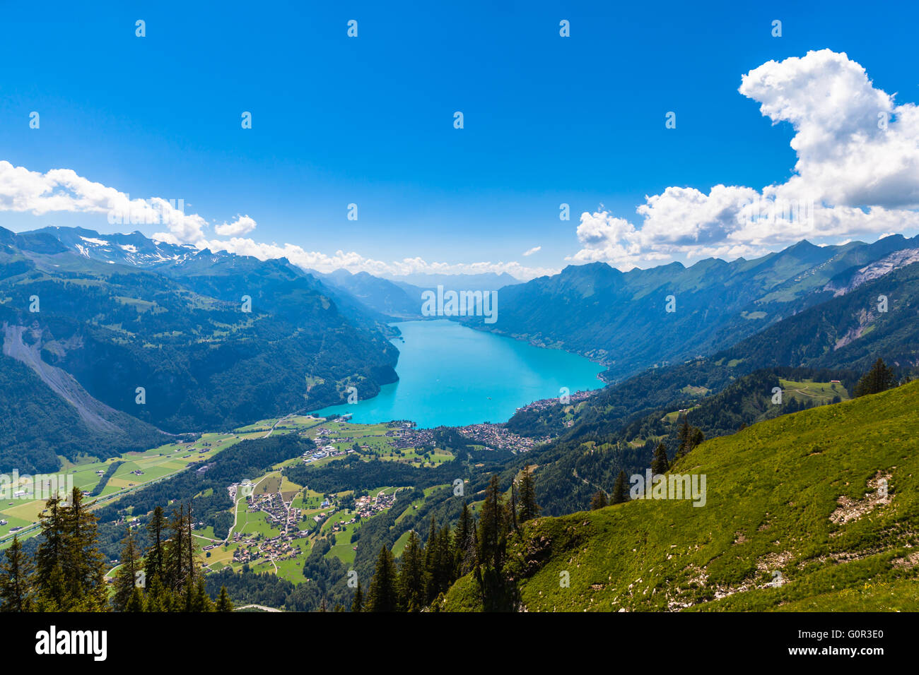 Stunning view of the Brienz lake, town and the alps from the mountains ...
