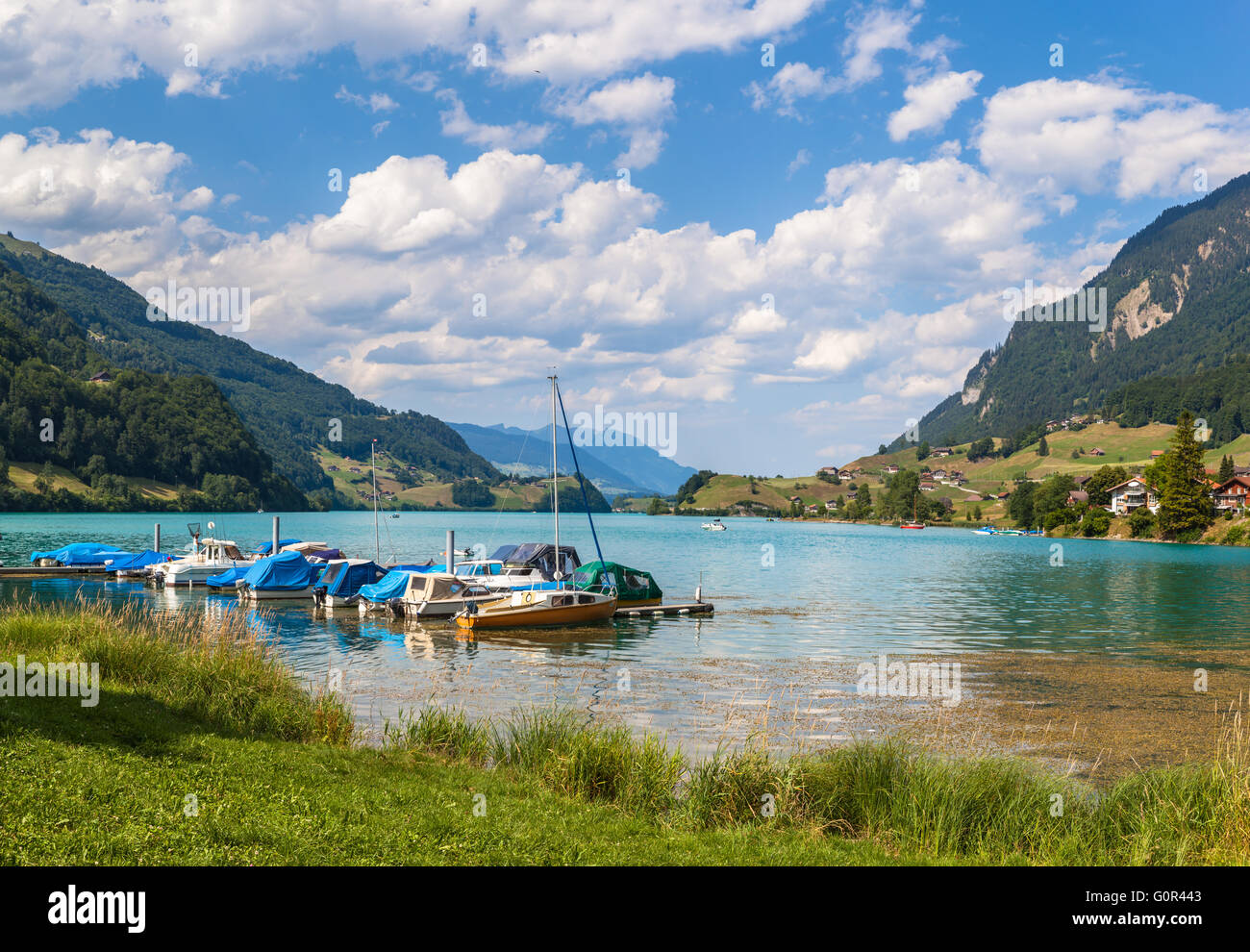 Panorama view of the Lungernsee (Lungern lake) on Bernese Oberland of ...