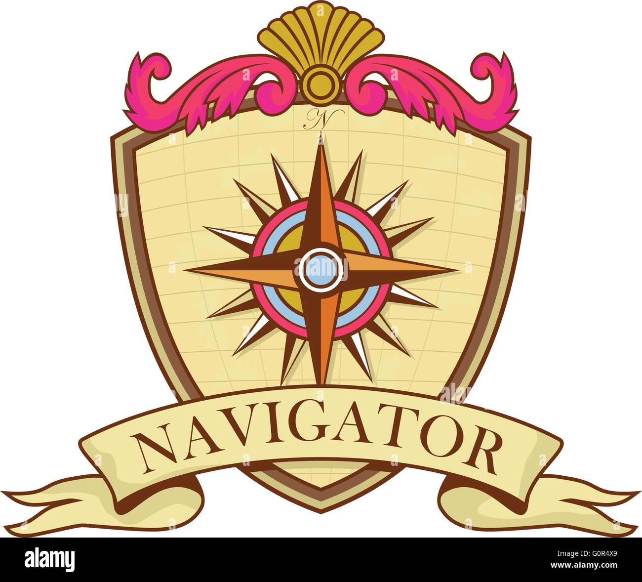 Illustration of a vintage compass or star set inside crest shield with ...