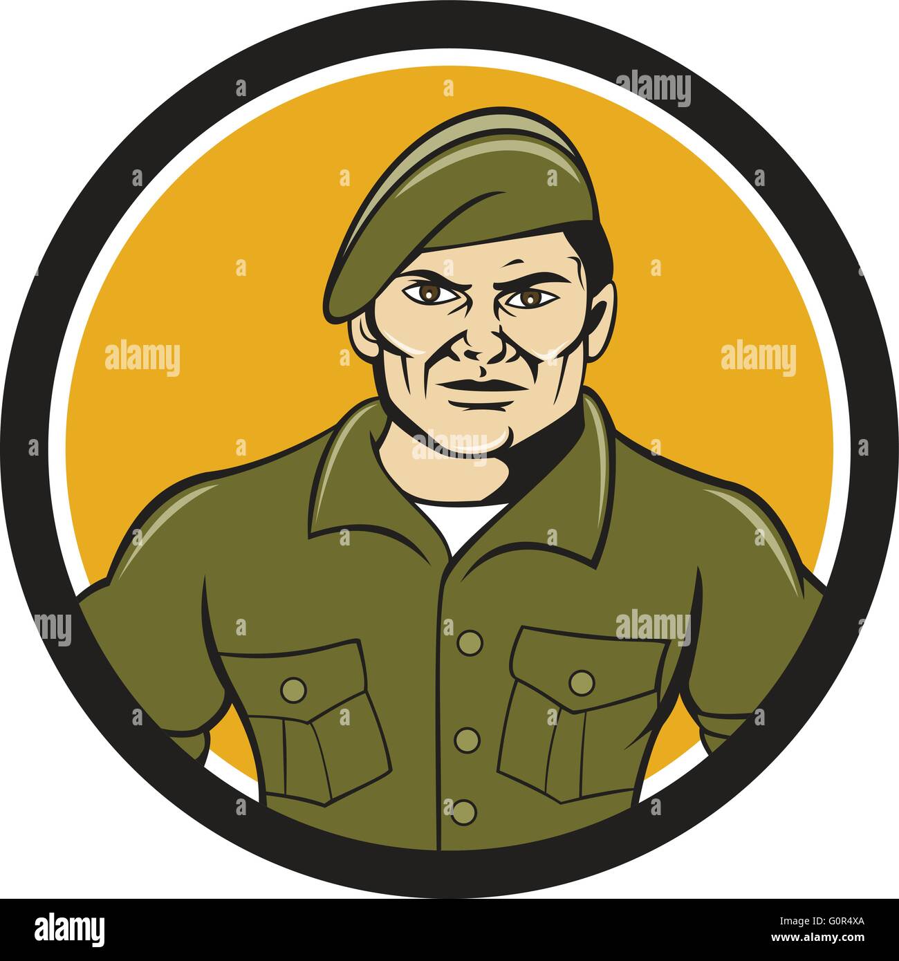 Illustration of an army ranger standing in full attention viewed from ...
