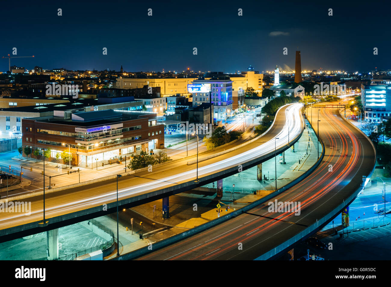 View of the Jones Falls Expressway at night, in downtown Baltimore ...