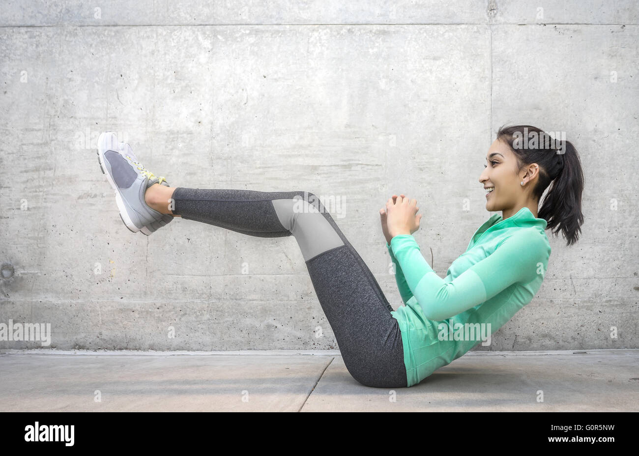 Young multi ethnic woman in exercise, gym, workout clothes, series of ...