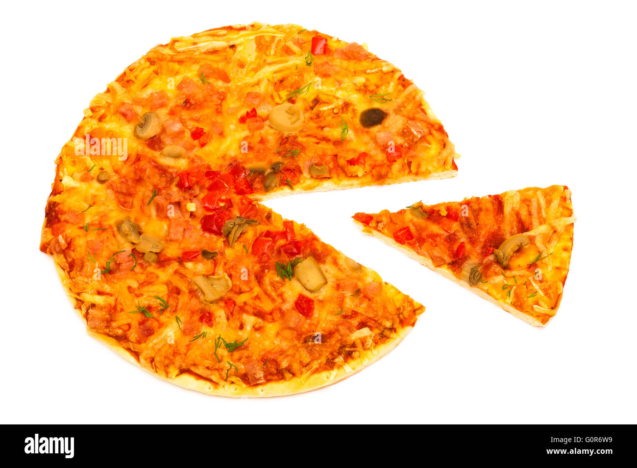 pretty tasty pizza on a white background Stock Photo - Alamy
