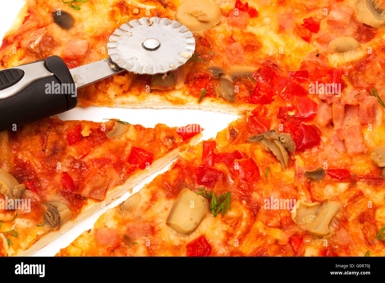 pretty tasty pizza on a white background Stock Photo - Alamy