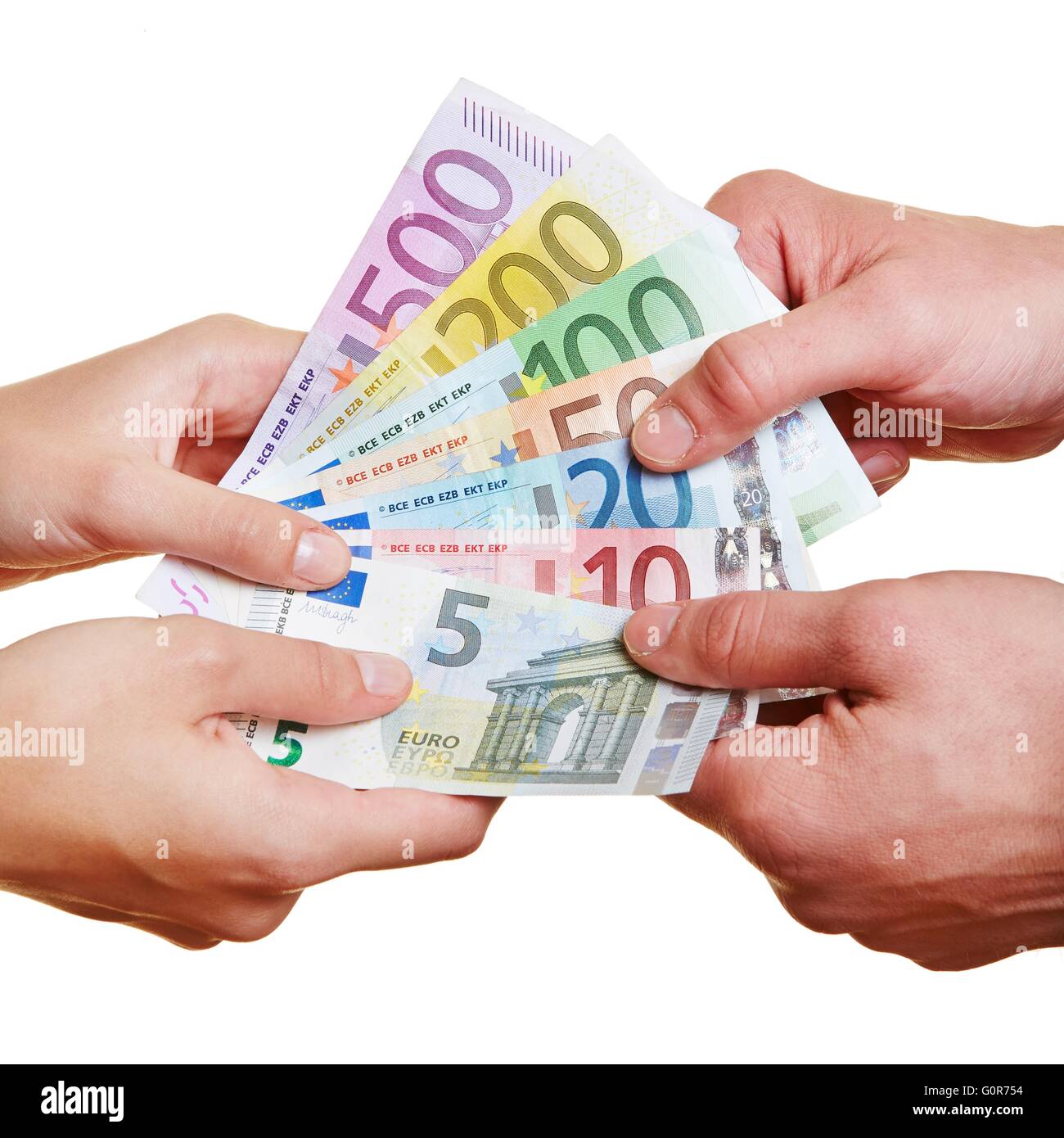 Hands arguing over different Euro money bills Stock Photo - Alamy