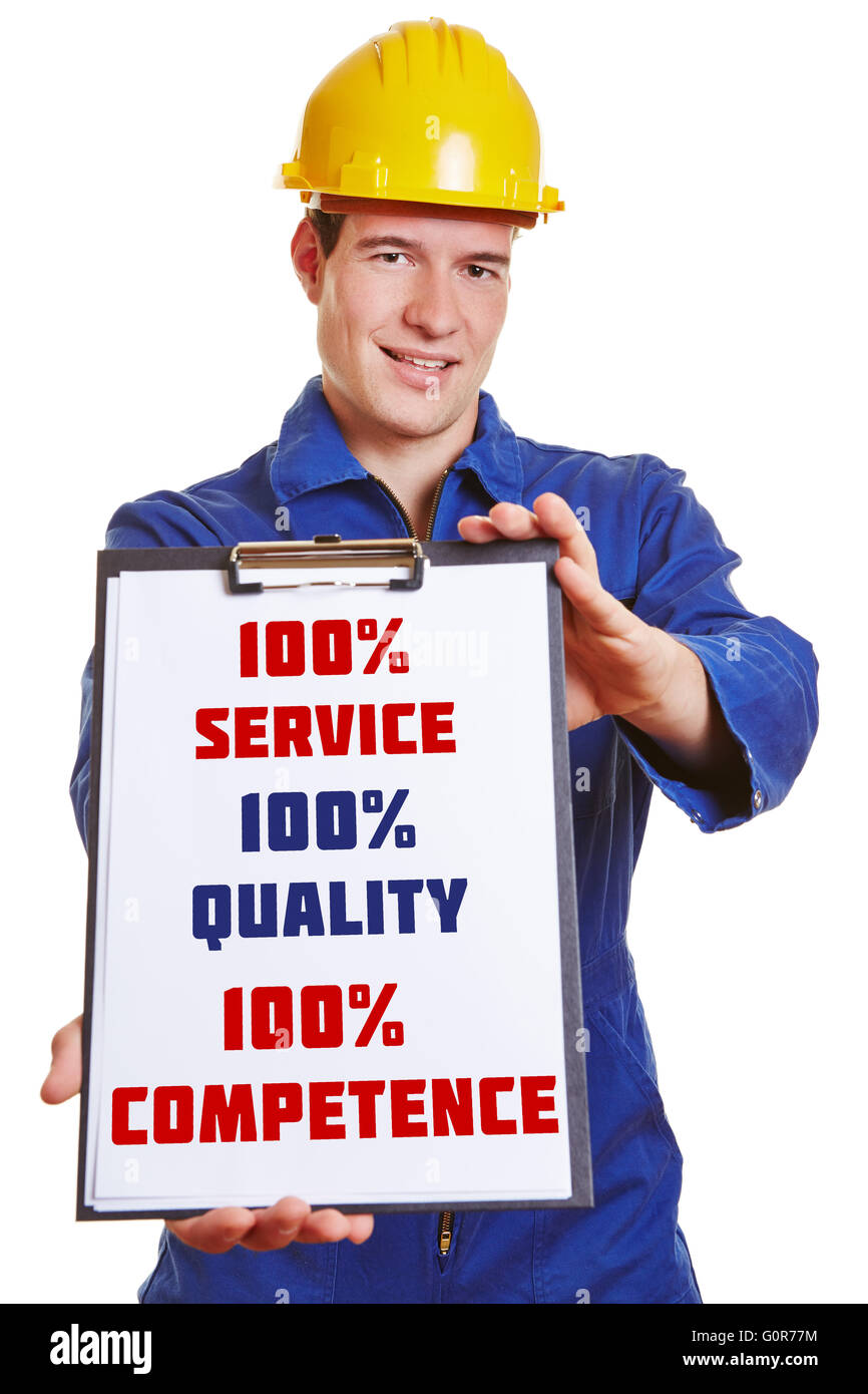 Construction worker making advertising with clipboard for 100% service ...