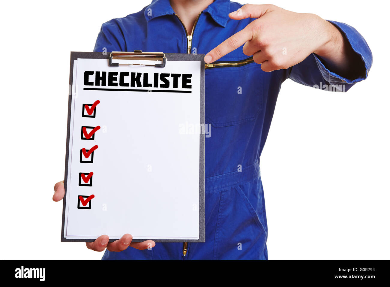 Hand of a worker showing checklist with the German word for checklist ...