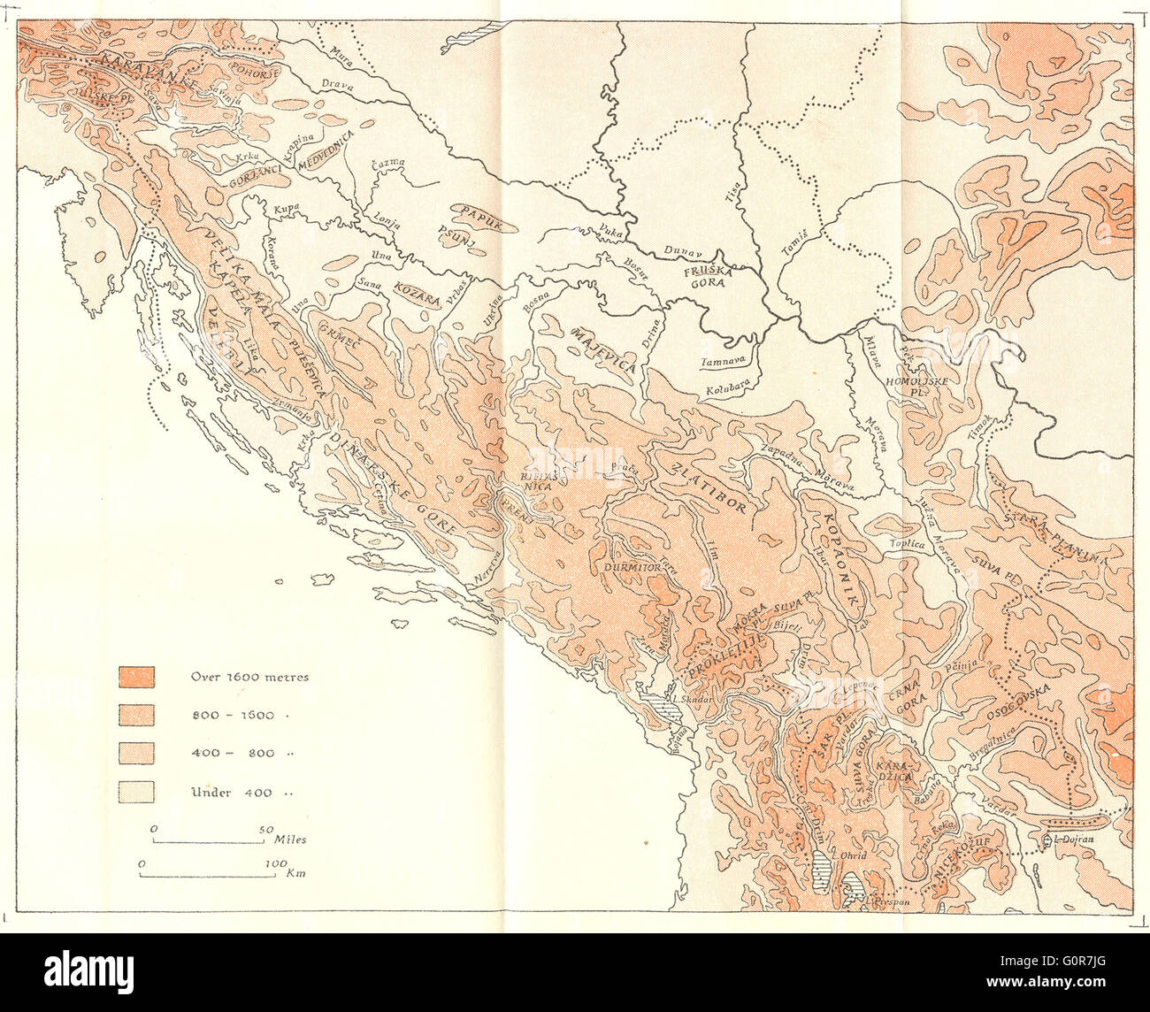 BALKANS: Geology & Physical Features: relief of, 1944 vintage map Stock ...