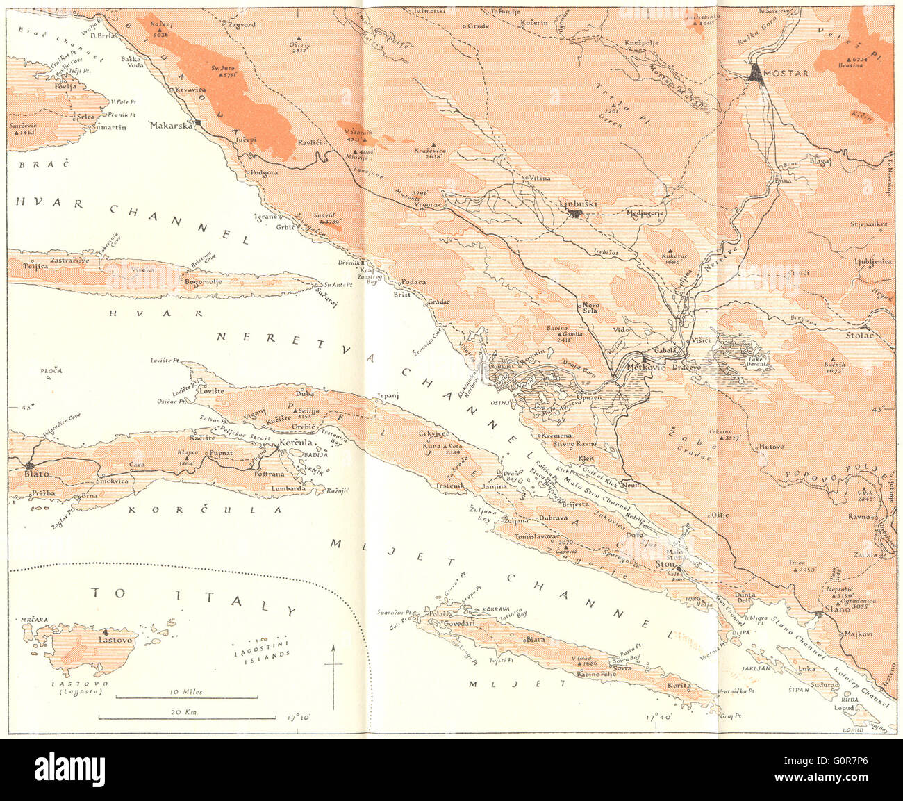 BIOKOVO: Coast delta Neretva Peljesac Peninsula, 1944 vintage map Stock ...