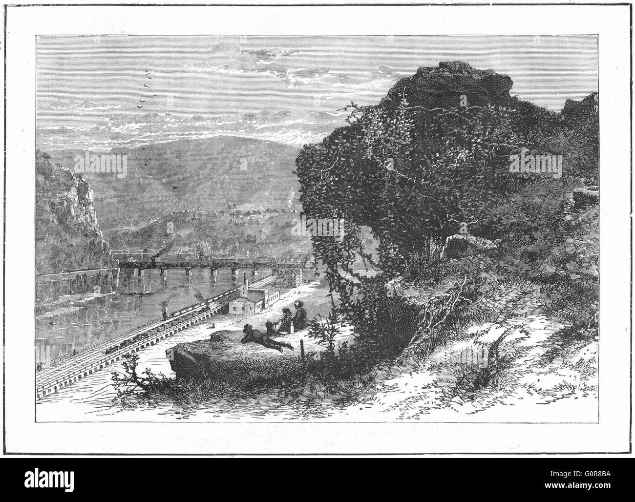 POTOMAC: Bridge across at Harper's Ferry hill, antique print c1880 ...