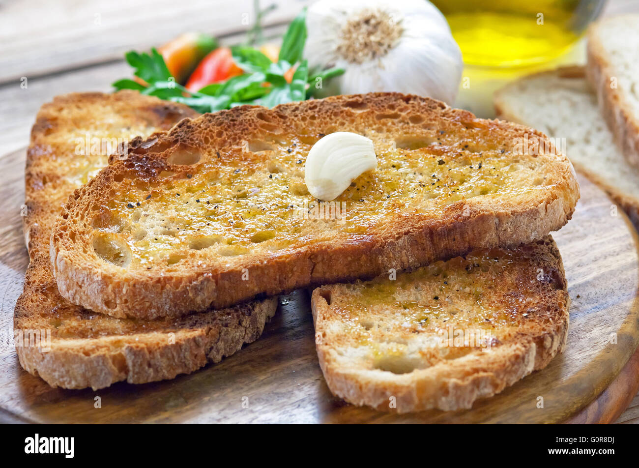 Traditional Italian brushetta bread with garlic and olive oil Stock ...