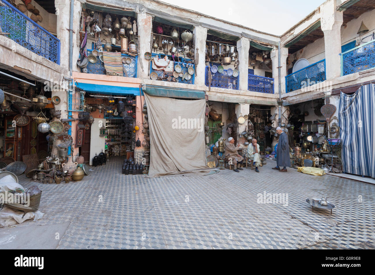 Shops selling metalwork at Bab Fteuh Funduq in Marrakech, Morocco Stock ...