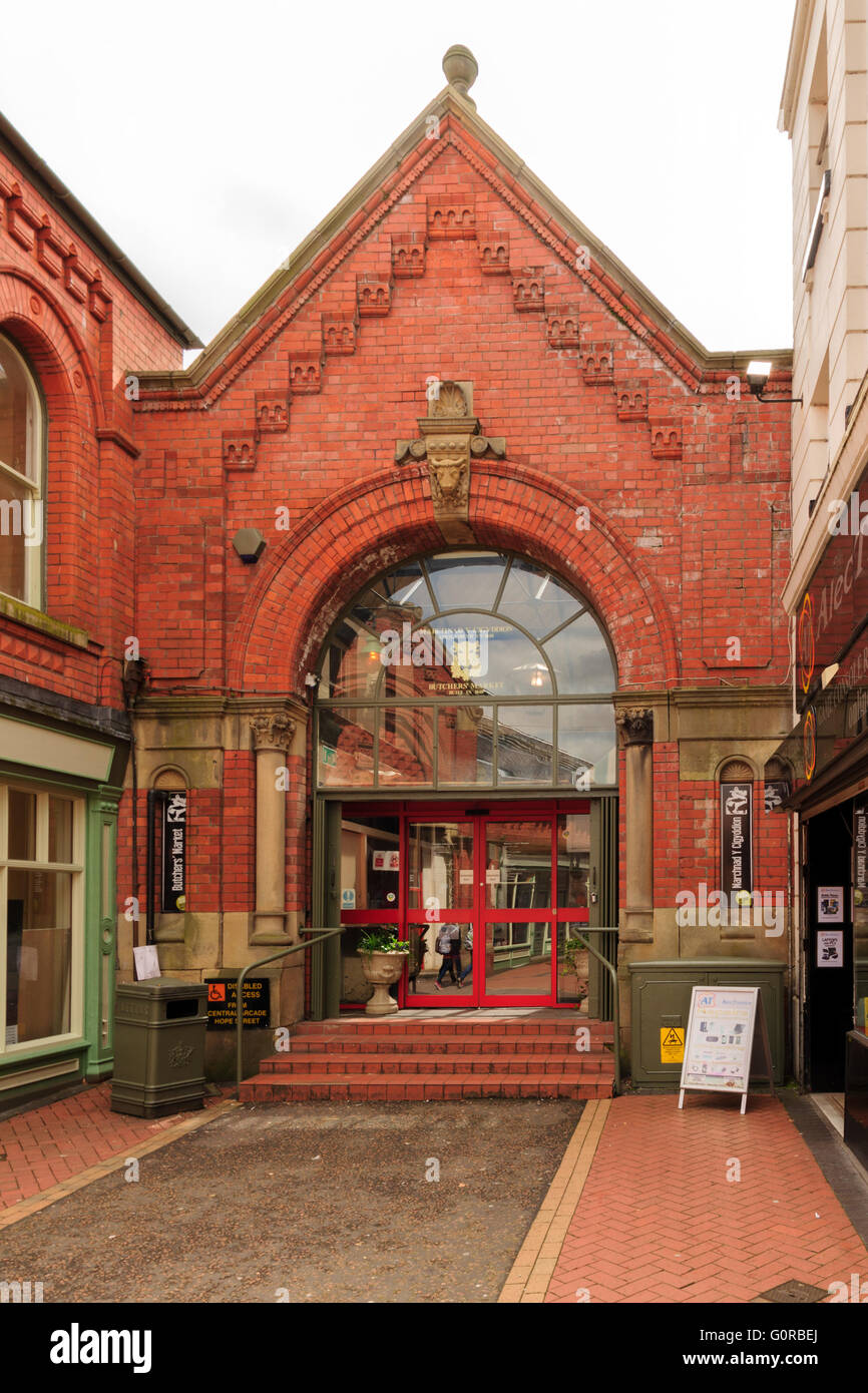Portico of the old indoor Butchers Market in Wrexham town centre built ...