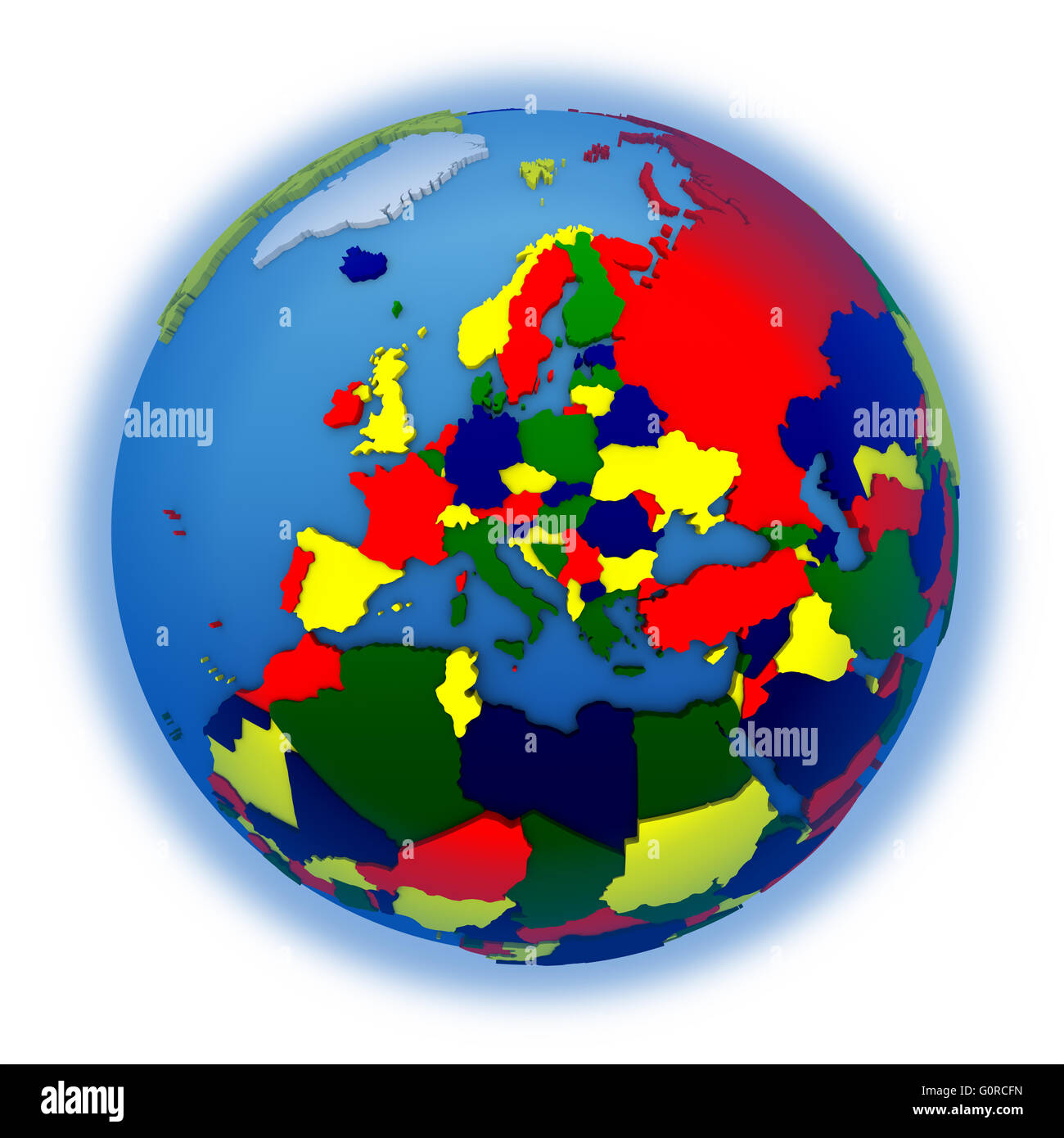 Europe on political 3D model of Earth with embossed continents and ...