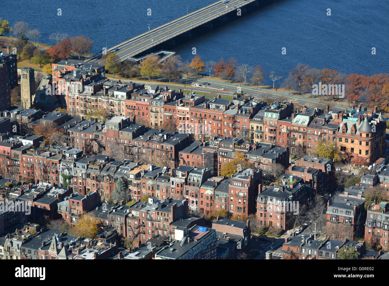 The rooftops of Boston's Back Bay row houses during the fall Stock ...